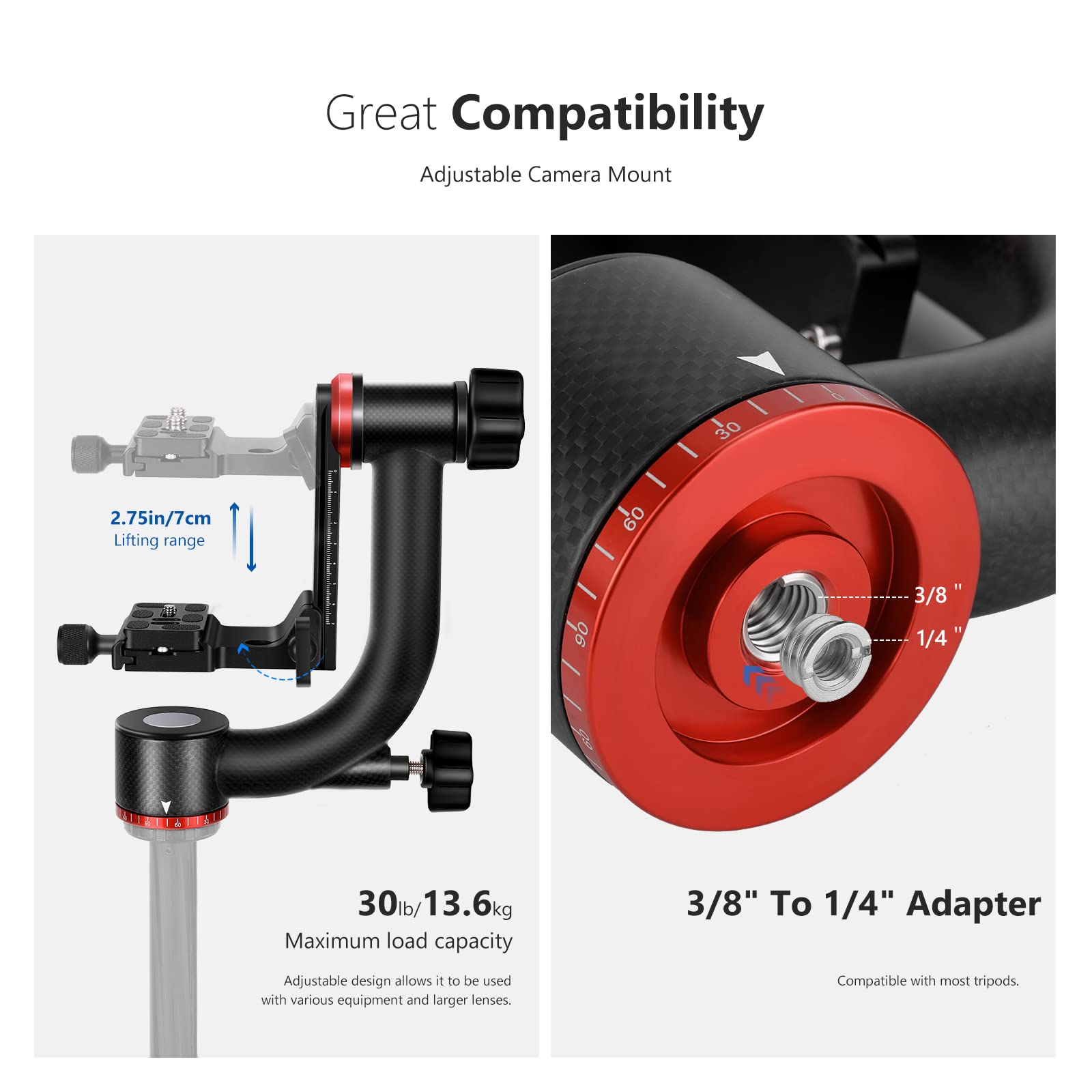Neewer GM100 Professional Heavy Duty Carbon Fiber Gimbal Tripod Head with 1/4” Quick Release Plate, Bearing Structure Supports Smoother 360 Degree Panoramic Shooting for DSLR Camera Up to 30lbs/13.6kg