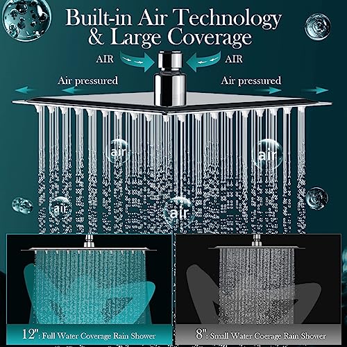 12'' Rain Shower Head Combo, High Pressure Rainfall Shower Head with 16'' Flexible Adjustment of Height/Angle Upgraded Extension Arm and 5 Setting Spray Handheld Shower Head, Anti-leak (Chrome)