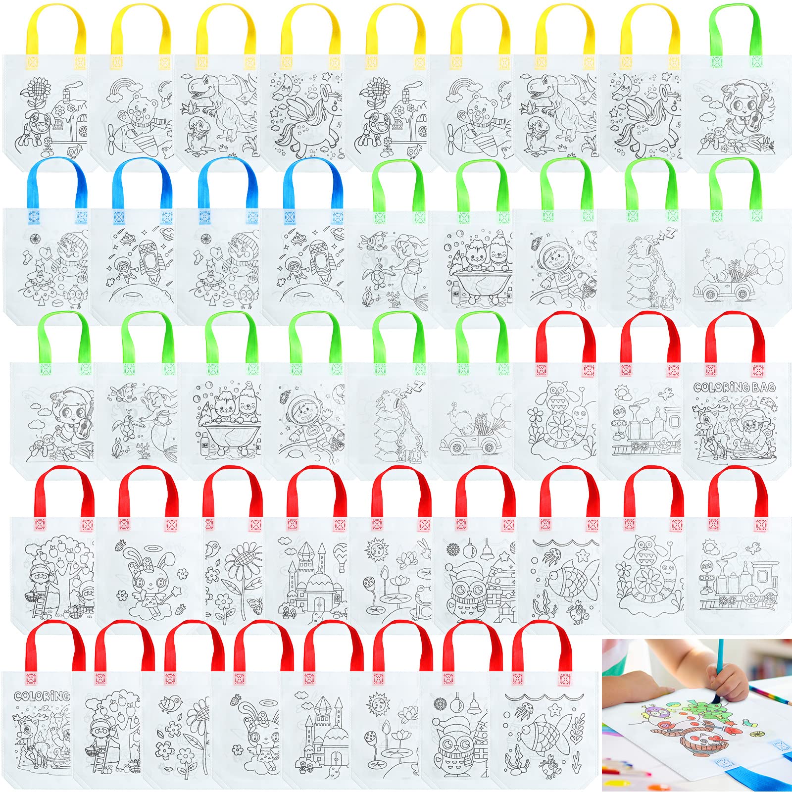 44 Packs Reusable Party Goodie Bags Coloring Party Favor Tote Bags Reusable Coloring Paint Non Woven Bags for Cartoon Art Party Favor for Birthday Party DIY Crafts Supplies, 11 Styles