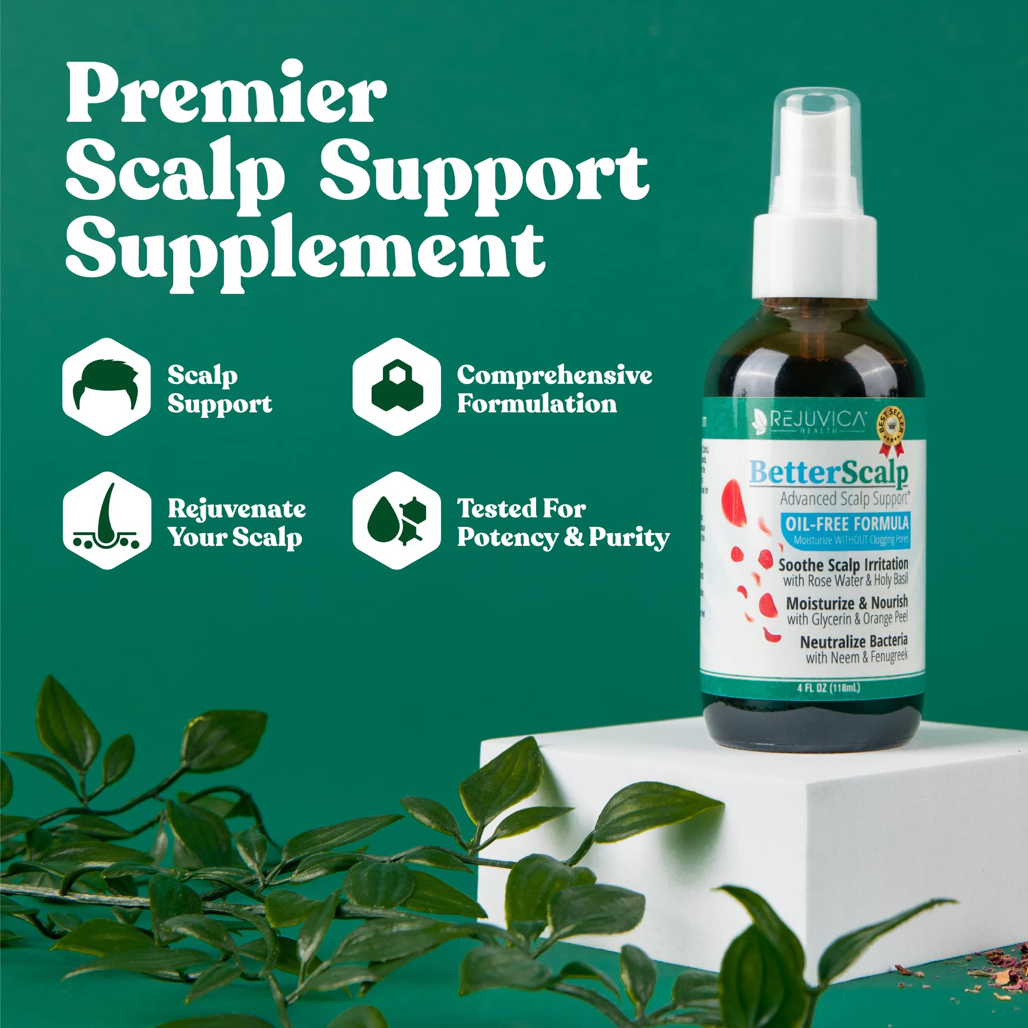 BetterScalp - Natural Itchy Scalp Support Formula - Nature Based Liquid and Gentle, Soothing Formulation - Rose Water, Holy Basil, Neem & More!