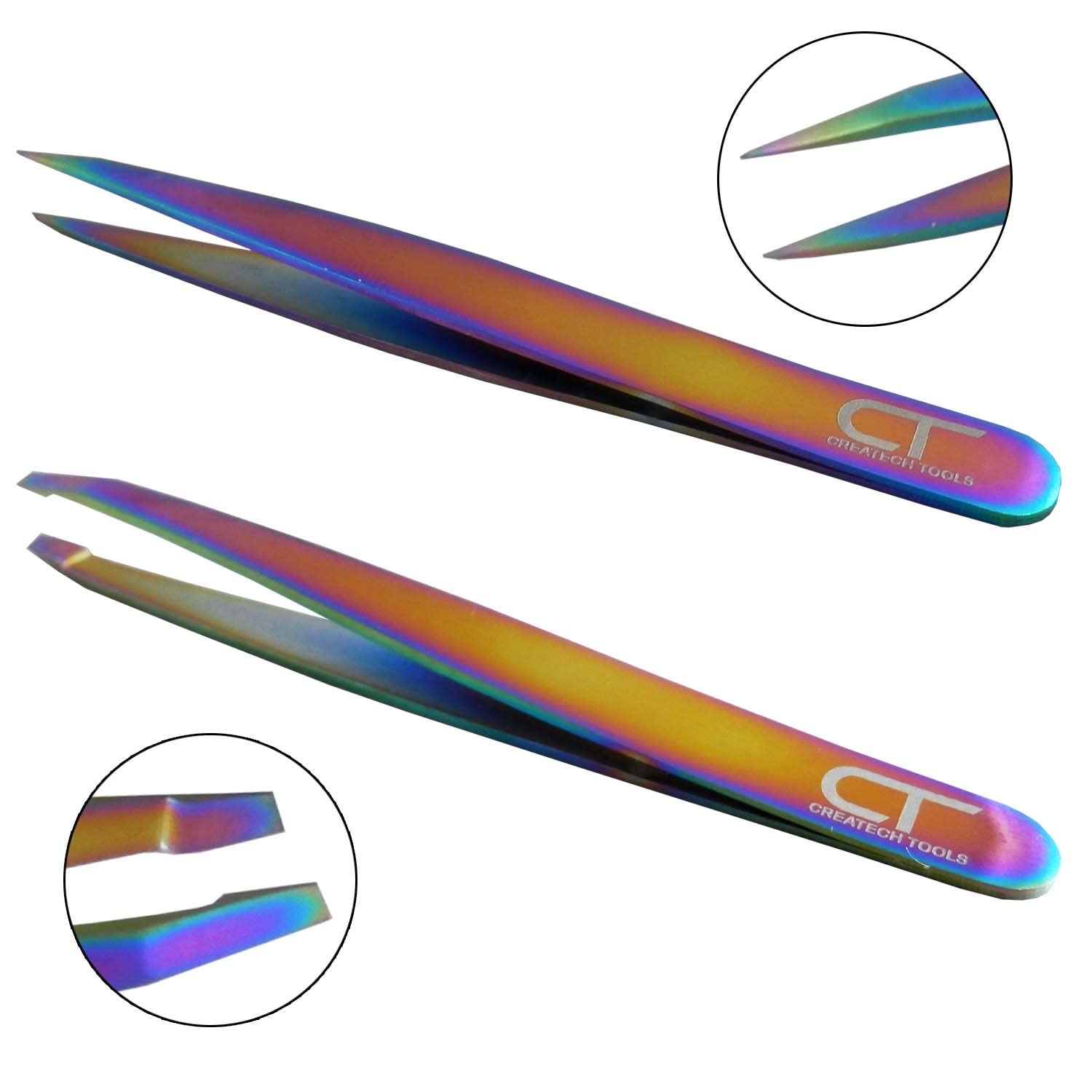 Eyebrow Tweezers Set – Pointed and Slanted Tweezers, Eyebrow Lash Trimming Scissors, Rainbow Professional Set