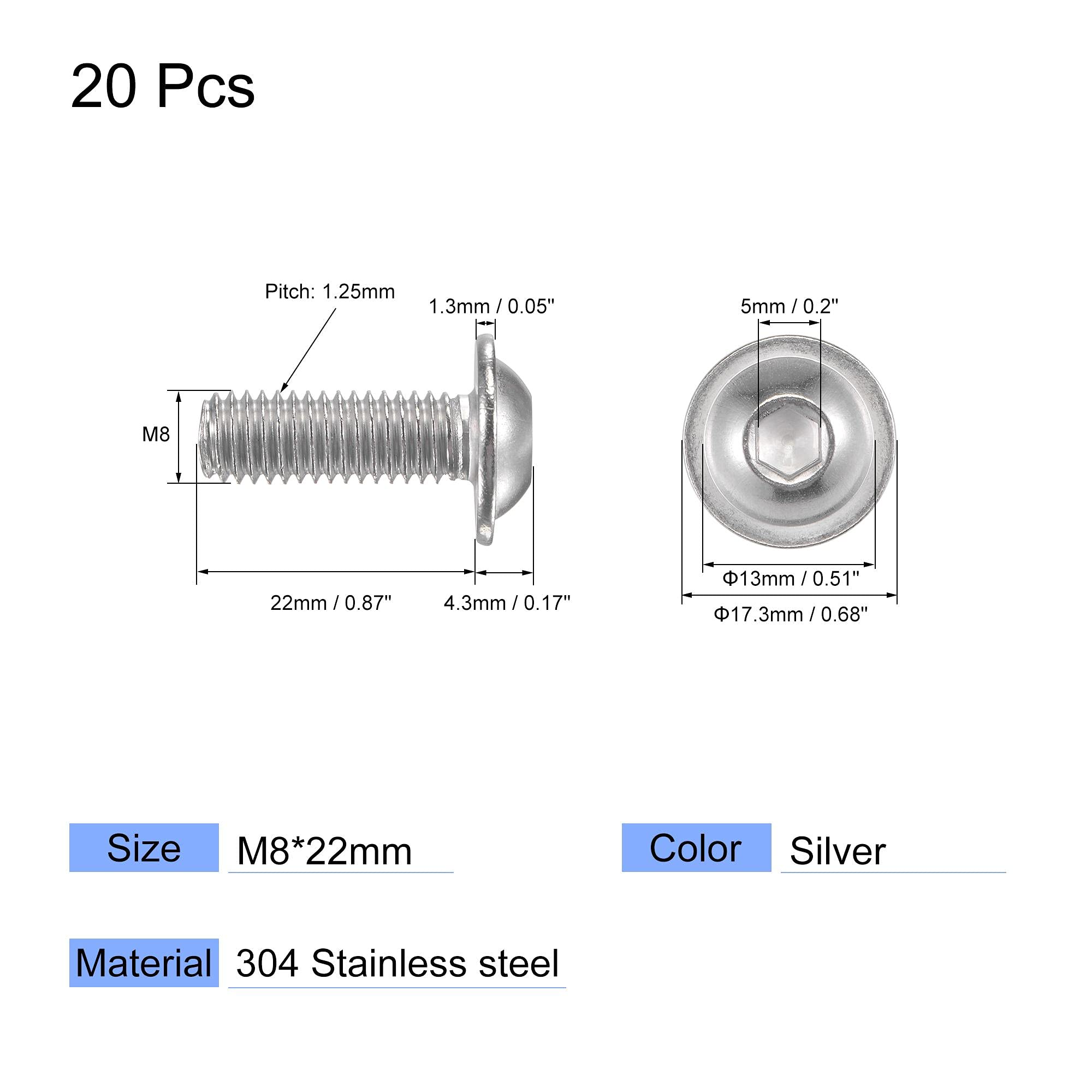 uxcell Flanged Button Head Socket Cap Screws, M8x22mm Hex Socket Drive Screw, 304 Stainless Steel Fasteners Bolts, Fully Threaded Machine Screw 20Pcs