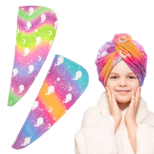 2 Pack Hair Towel Wraps for Kids Girls, Microfiber Hair Towel Mermaid Rapid Drying Towel with Button for Hair Turbans for Wet Hair Head Towels Wrap Twisty Anti Frizz Towel for Kids Women Girls