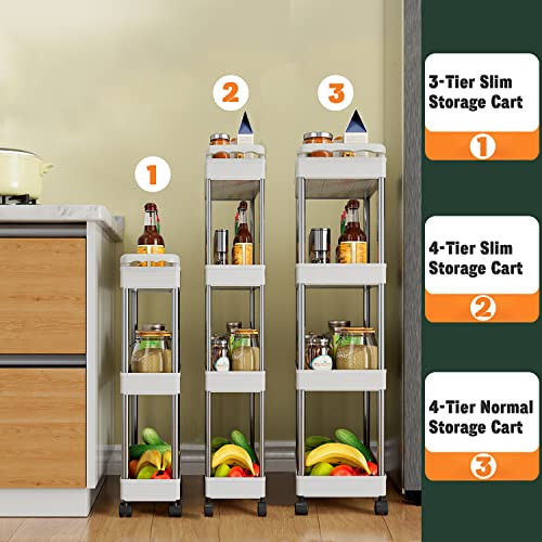 4 Tier Slim Rolling Storage Cart,Laundry Room Organization Rolling Utility Cart Slide Out Storage Shelves Mobile Shelving Unit Organizer for Office Kitchen Bathroom Laundry Narrow Places(White,Slim)