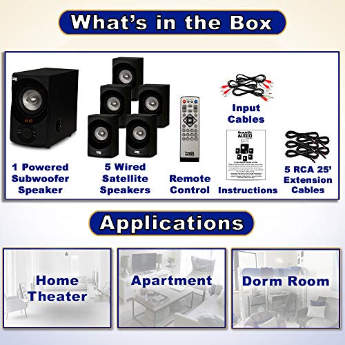 Acoustic Audio by Goldwood AA5171 Home Theater 5.1 Bluetooth Speaker System with FM and 5 Extension Cables, Black