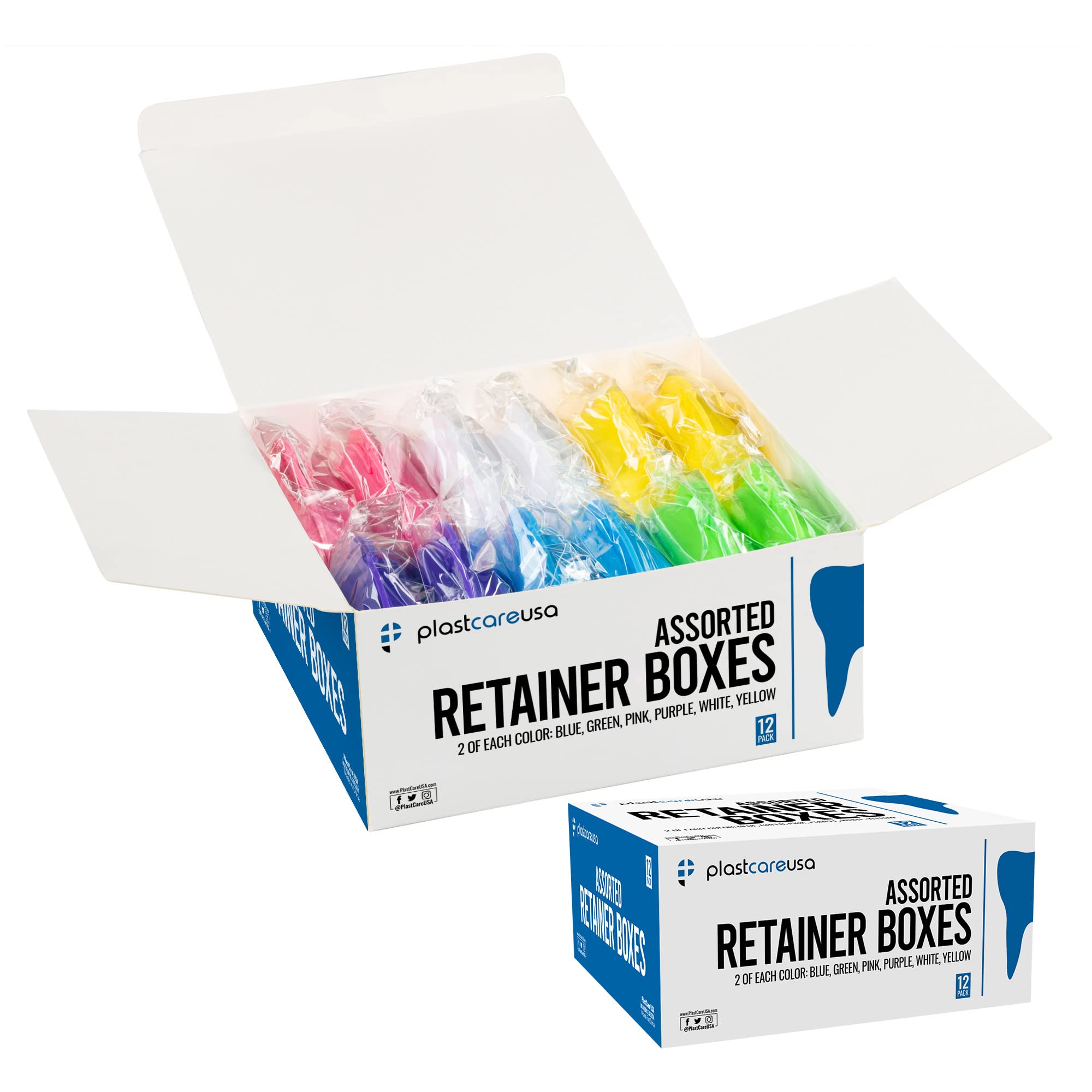 Assorted Retainer Case Box of 12 Individually Sealed, Dental Storage Container for Aligners, Mouth Guards - Yellow, White, Pink, Green, Purple, Blue