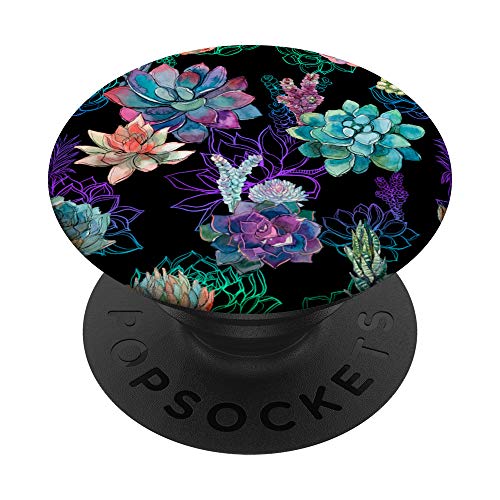 Black Base Succulent Teal Purple Plants Pattern PopSockets PopGrip: Swappable Grip for Phones & Tablets
