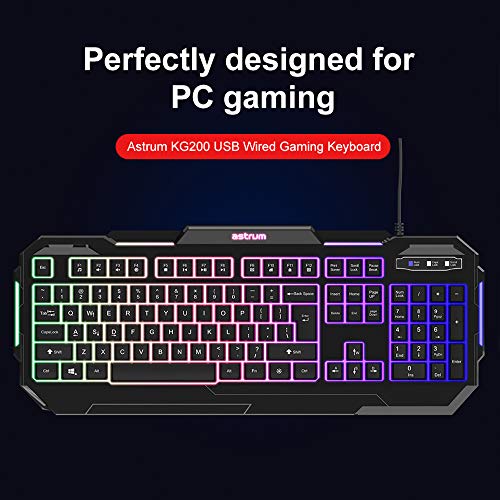ASTRUM KG200 Wired Gaming Keyboard, LED Rainbow Gaming Backlit, 19 Anti-ghosting Keys, Quick-Response, Multimedia Control for PC and Desktop Computer