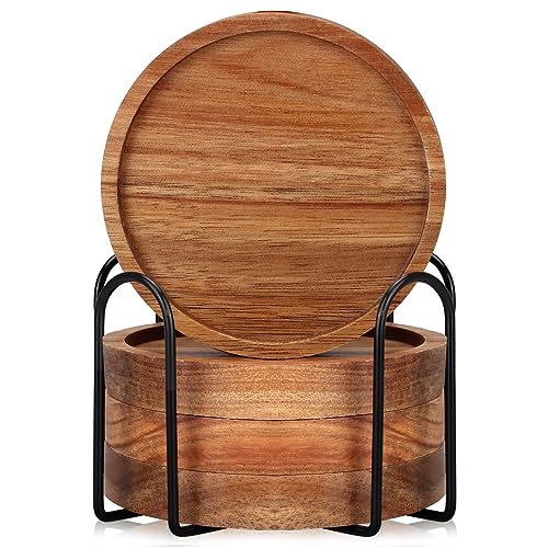 4 Pcs Best Wooden Coasters with Holder Cute Coasters Acacia Wood Drink Coaster Set Round Cool Beer Coaster Decor Beverage Cup Coasters Modern Bar Coasters Gift Best Coffee Table Coasters