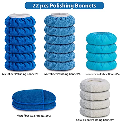 22pcs 6 to 7 Inch Polishing Pad Bonnets Set, Car Polisher Buffing Bonnets Microfiber Waxing Bonnet Car Buffing Wax Cover Kit for Waxing, Cleaning and Polishing