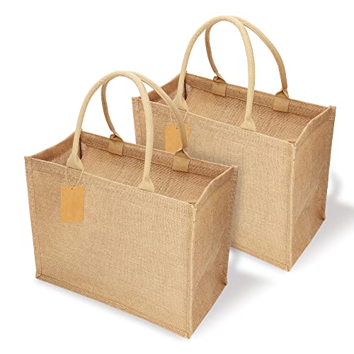 2 Pack Jute Tote Bags - X-Large Reusable Jute Tote Bag with Handles and Top Zipper Closure - Water Resistant Blank Tote Bags for Bridesmaid Wedding Gift, Grocery, Shopping, Beach, and DIY Crafts