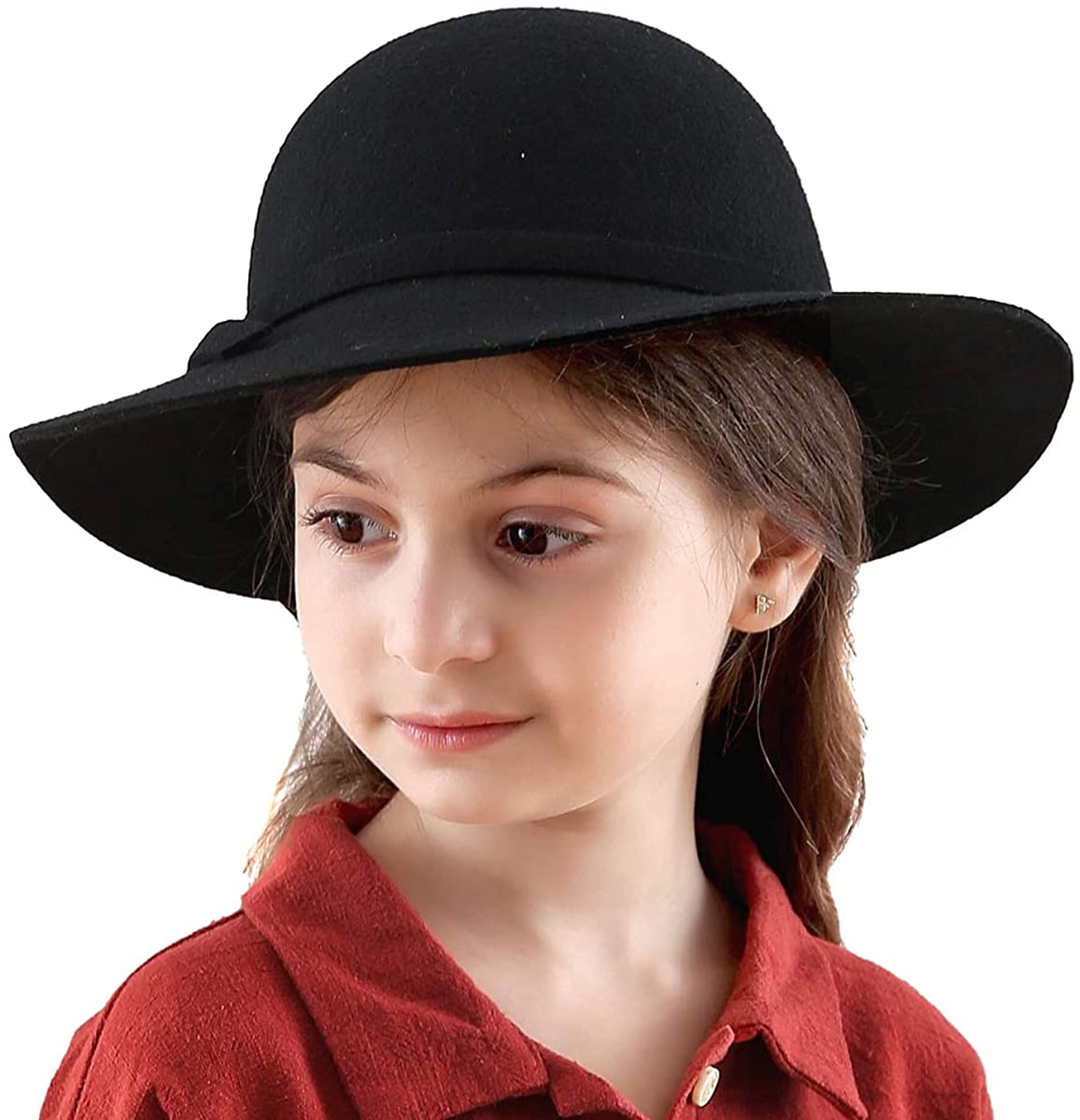 Wide-Brim Kids Girls Floppy-Hat Vintage Fedora Hats for Girl Boho Felt Bowler-Cap 3 to 8 Years (3-8 Years, Black)