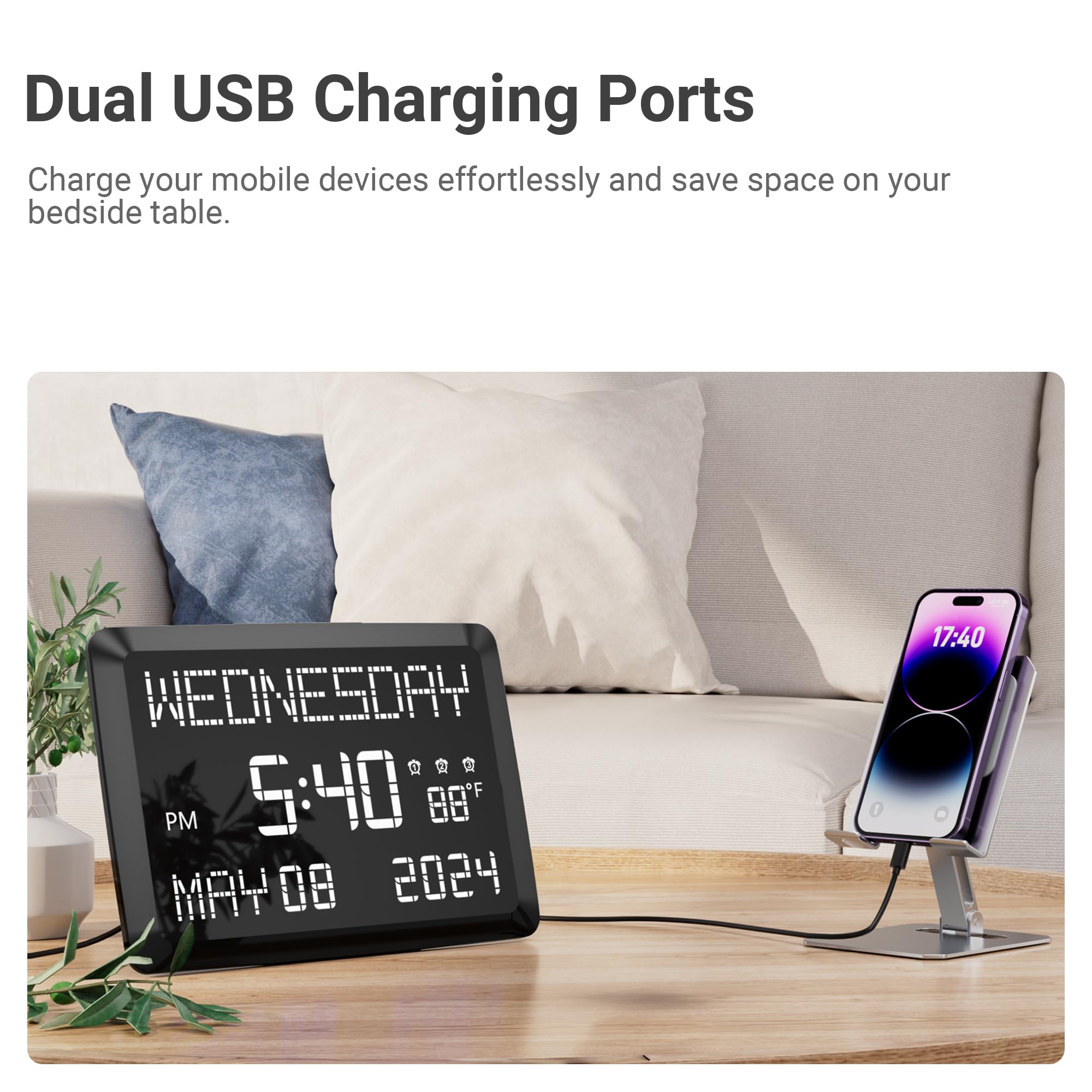 11.5โ Digital Wall Clock with Date,Time,Week,Indoor Temperature,3 Alarms,5 Dimmer,2 USB Chargers,Battery Backup,Snooze,12/24H for Elderly,Parents,Impaired Vision,Dementia,Memory Loss,Office,Bedroom