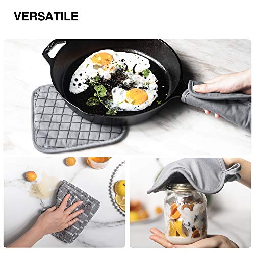 Koroda Oven Mitts and Pot Holders Sets: 550°F High Heat Resistant Oven Mitts with Kitchen Towels Thick Cotton Oven Gloves with Non-Slip Silicone for Cooking and Baking (6Pcs, Grey)