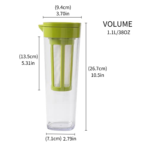 2Pcs Plastic Water Pitcher,Water Carafe BPA Free Iced Tea Pitchers,Airtight Fruit Infuser Water Pitcher for Fridge Door,Homemade Iced Coffee and Lemonade 1.1L/38Oz(white green)