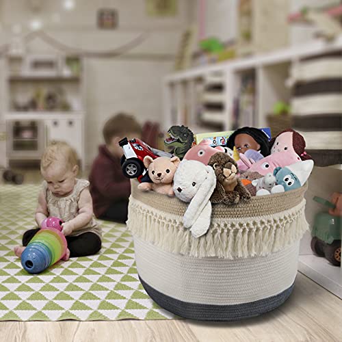 AELS XXXLarge 22"x22"x15" Rope Boho Basket Woven Baby Laundry Basket for Blankets Toys Storage Basket with Handle Comforter Cushions Storage Bins Thread Laundry Hamper-Brown White Gray 93 Liters