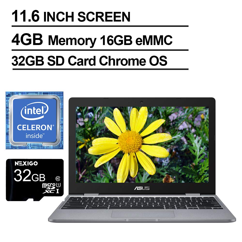 ASUS 2022 Premium Chromebook 11.6 Inch Laptop with Webcam| Intel Celeron N3350 up to 2.4 GHz| 4GB RAM| 16GB eMMC| Bluetooth| WiFi| Chrome OS + NexiGo 32GB MicroSD Card Bundle