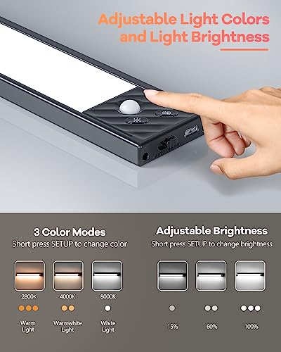 2023 Newest 65 LED Motion Sensor Lights Indoor 3 Color Temps, 2 Packs Dimmable Under Cabinet Lighting, 2500mAh Rechargeable Wireless Closet Lights Night Light for Drawers, Wardrobe, Stair, Kitchen