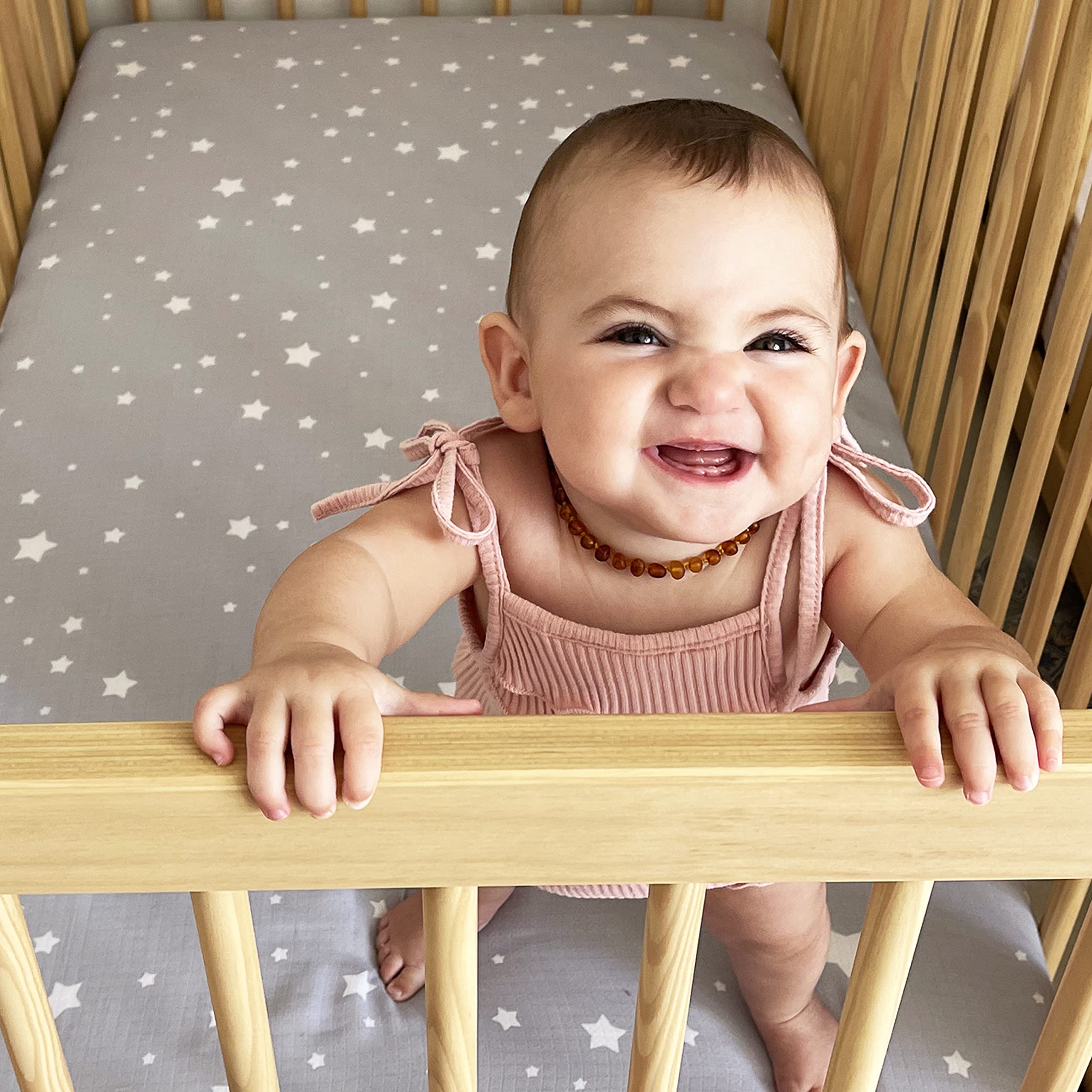 Newton Baby Fitted Mini Crib Sheets (2-Pack) | Organic Muslin Cotton, Breathable & Soft Baby Sheets, Washable Baby Mattress Sheets, Fits Any Mini Sized Crib 24" x 38", Stardust Twilight Grey + White