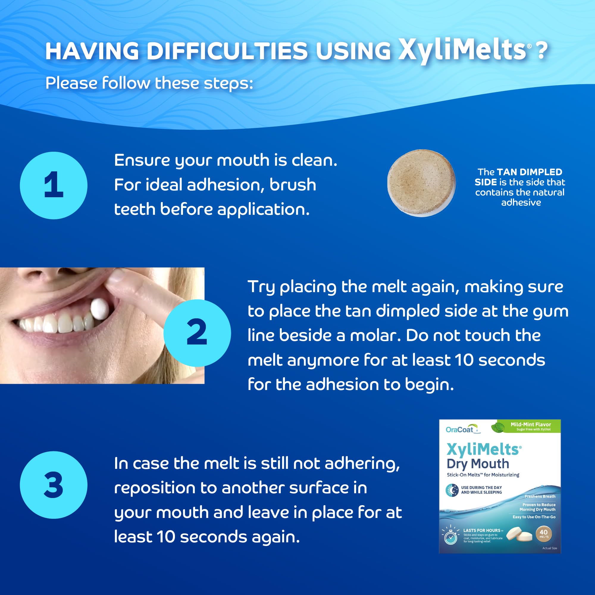 OraCoat XyliMelts Dry Mouth Relief Moisturizing Oral Adhering Discs 40 Count, 2 Pack, Mild Mint with Xylitol, for Dry Mouth, Stimulates Saliva