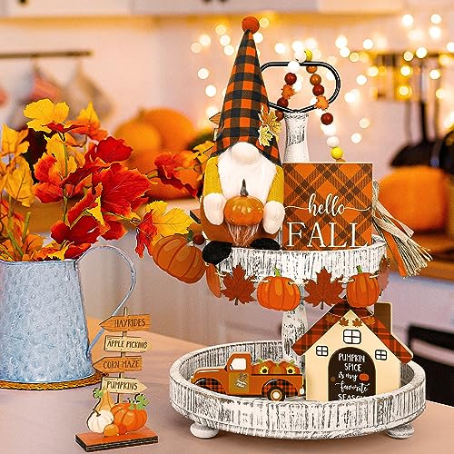 12 PCS Fall Decorations for Home, Fall Tiered Tray Decor, Rustic Farmhouse Autumn Wooden Signs Plush Gnome Bead Garland Pumpkins Maple Leaves Banner Hello Fall Ornament for Harvest Table Centerpieces