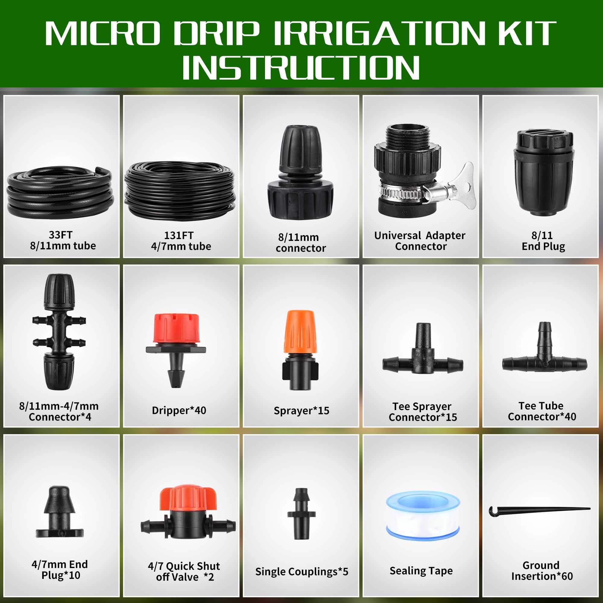 164FT 190 Pcs Drip Irrigation Kit,Garden Irrigation System 1/4" 1/2β Blank Distribution Tubing Watering Drip Kit Automatic Irrigation Equipment for Garden Greenhouse, Flower Bed,Patio,Lawn (164 FT)