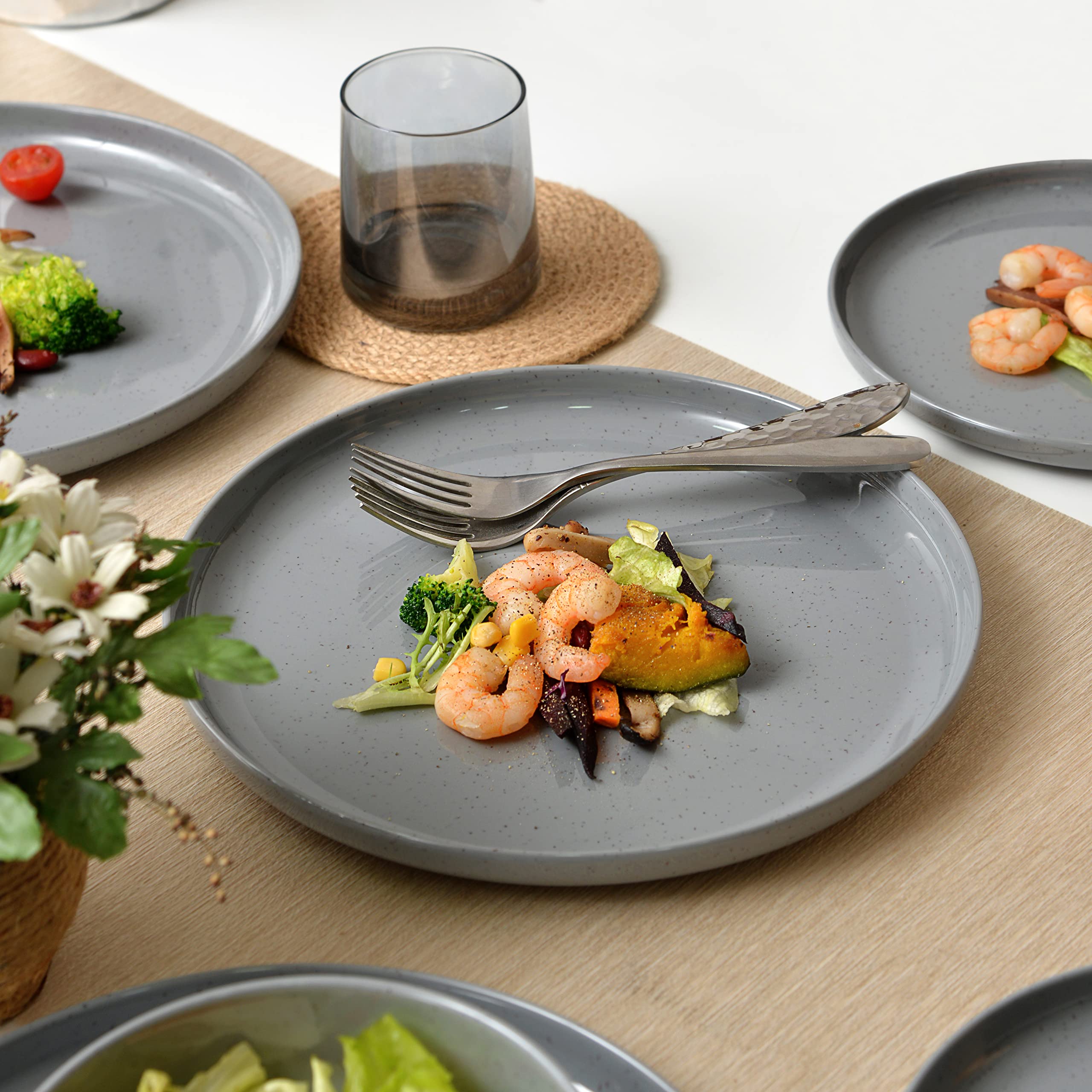 12 Pcs Melamine Dinnerware Sets, Plates and Bowls Sets, Dishes Set for 4, Melamine Plates, Outdoor Dinnerware Set, Lightweight, Unbreakable, Dishwasher Safe,BPA Free (Grey)