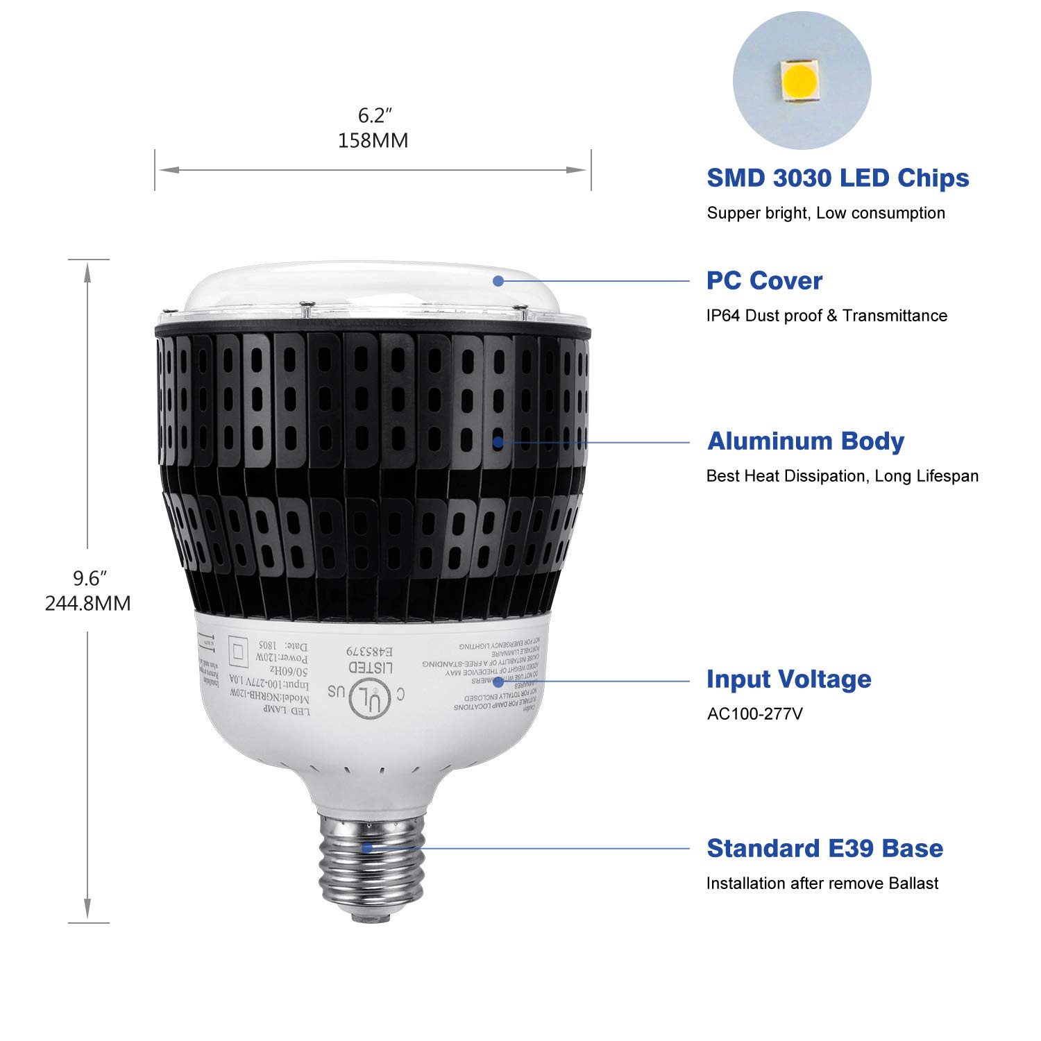 120W LED High Bay Light Bulb Retrofit,E39 Mogul Base LED Corn Light Retrofit Bulbs,500 Watt Metal Halide Equivalent,UL DLC Approved, 16800LM 5000K Warehouse Light,AC 100-277V