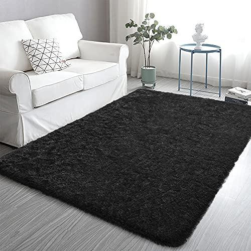 Sovolibee Ultra Soft Fluffy Area Rugs for Bedroom Living Room, Indoor Shaggy Non-Slip Floor Carpet for Room Girls Dorm Baby Nursery Play Mat- Modern Home Decor Rug 4 x 5.3 Feet Black