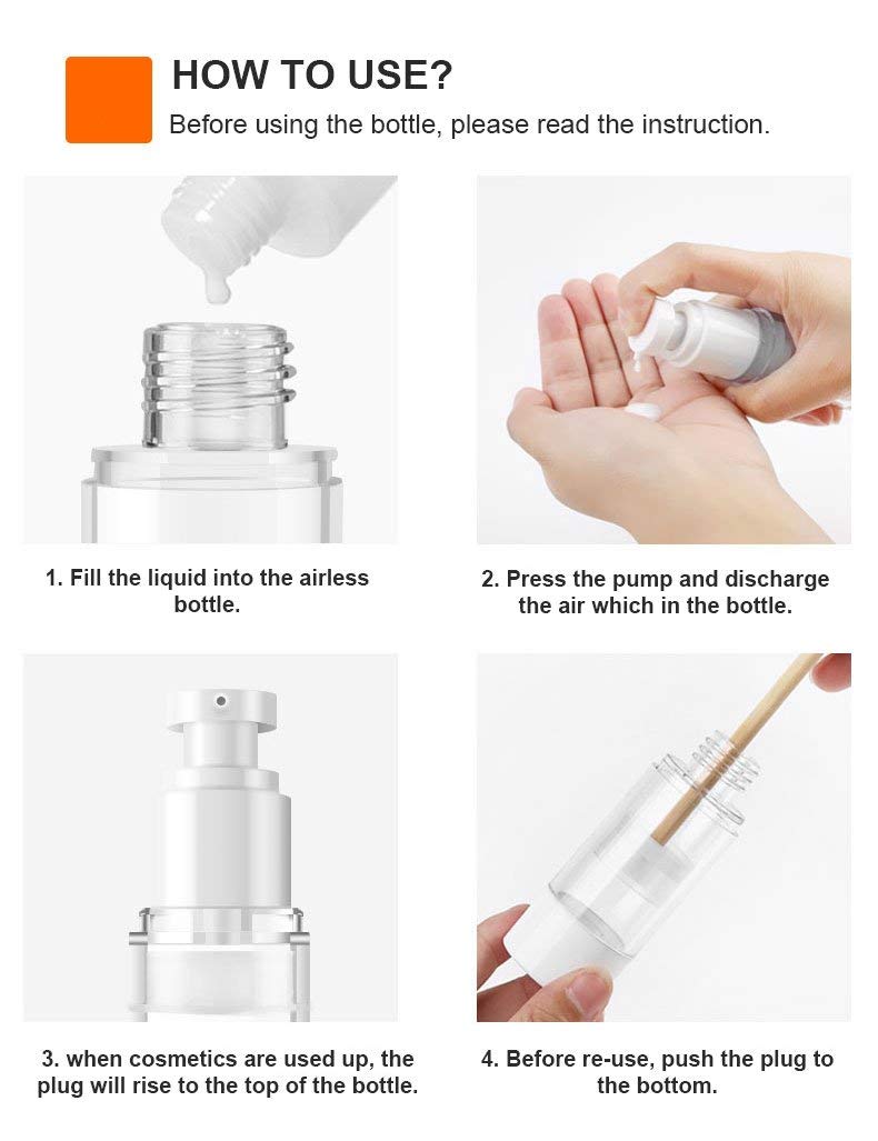 longway 3.4 Oz 100ml Clear Airless Cosmetic Cream Pump Bottle Travel Size Dispenser Refillable Containers for Foundation, Shampoo (Pack of 6)