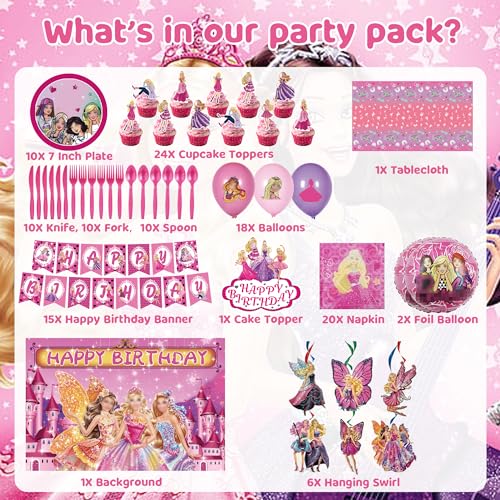 128 Pcs Pink Style Party Decorations, Pink Theme Birthday Decorations Include Banners, Tablecloth, Cake & Cupcake Topper, Backdrop, Tablewares, Balloons, Hanging Swirls, Napkins for Girls