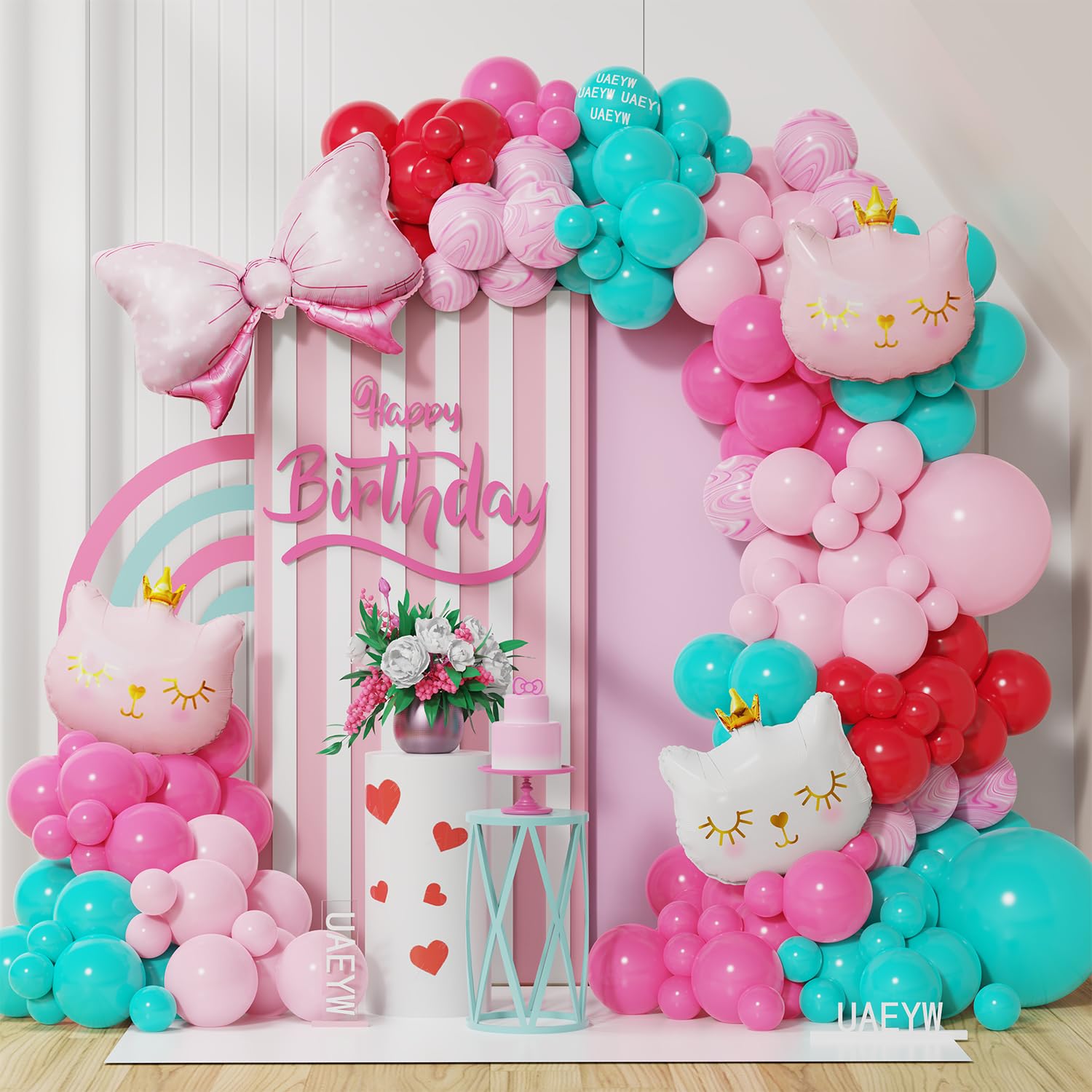 148Pcs Cartoon Cat Balloon Arch Garland Kit Hot Pink Rose Red Turquoise Teal Blue Balloons with Cat Bownot Foil Balloons for Girls Kids Birthday Baby Shower Wedding Gender Reveal Decorations