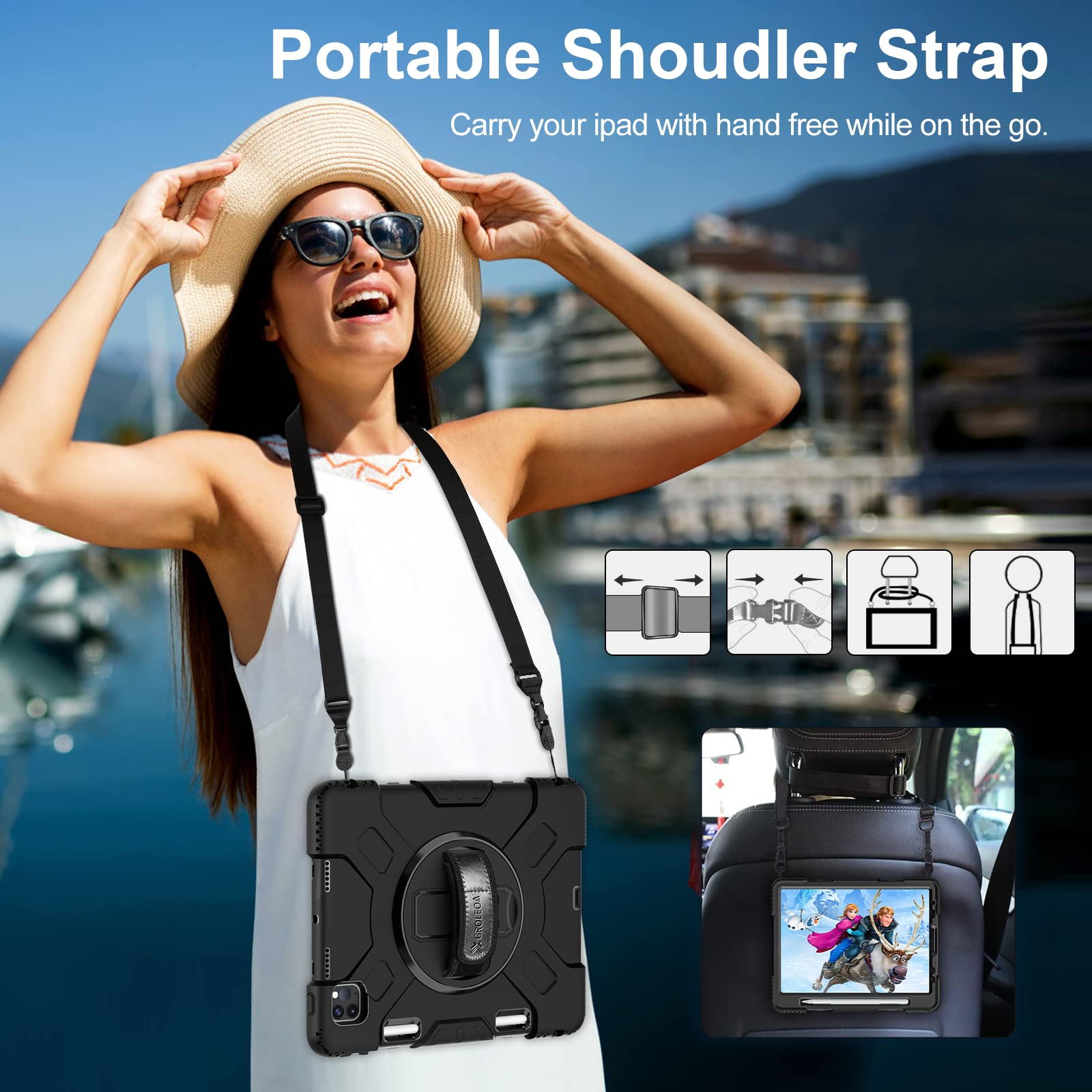 GROLEOA Case for iPad Pro 11 inch 2022/2021: Military Grade Shockproof Protective Cover with Screen Protector for iPad Pro 11 4th Gen 2022 / 3rd Gen 2021 + Pencil Holder + Stand + Strap- Black