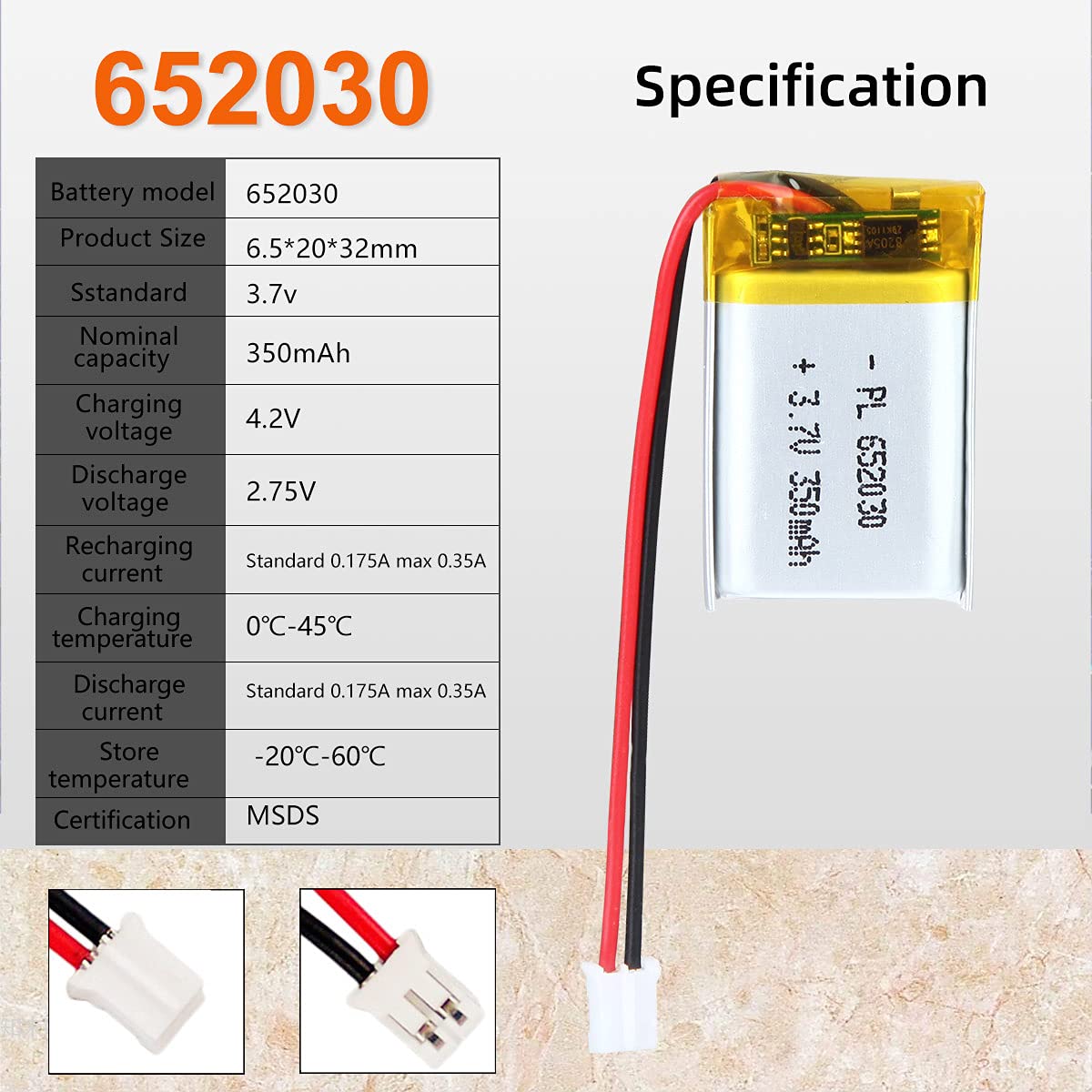 AKZYTUE 3.7V 350mAh 652030 Lipo Battery Rechargeable Lithium Polymer ion Battery Pack with PH2.0mm JST Connector