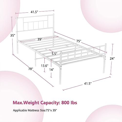 4 EVER WINNER Twin Metal Bed Frame with Headboard, Twin Metal Platform Bed Frame for Kids, No Box Spring Needed, Mattress Foundation for Storage, Easy Assembly, Noise-Free, White