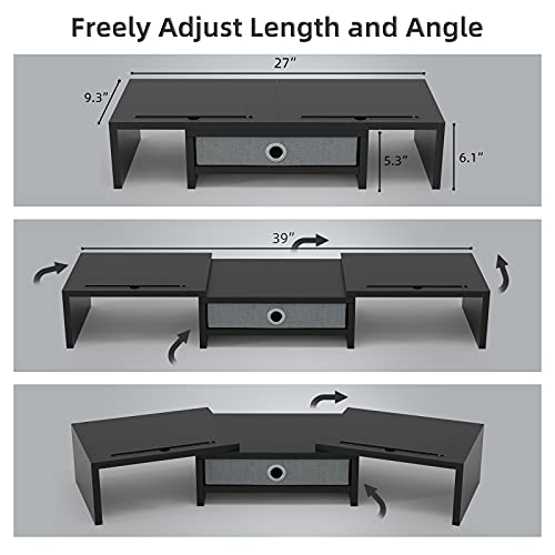 ORLALAR Dual Computer Monitor Stand with Drawer, Office Supplies Desktop Organizer Stand 3 Shelf Monitor Riser with Adjustable Length and Angle, Home Office Desk Accessories, Black