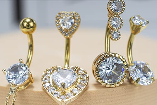 14G Surgical Steel Belly Button Rings Round/Love Heart Clear CZ Navel Curved Barbell Studs Sexy Body Piercing (4PCS - Gold)