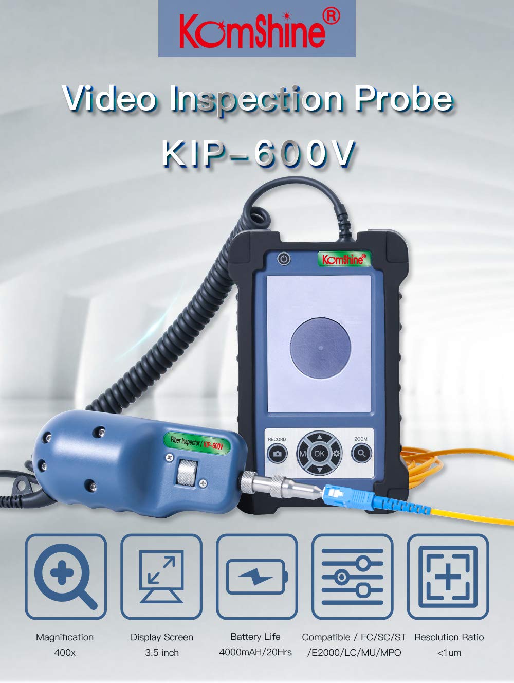 400X Magnification Fiber Optic Inspection Probe KIP-600V, Support Real-time Video Recording + Expansion of TF Card + Four UPC Tips + 3.5 inch HD LCD Display + 4,000mAh Large Battery Capacity FTTX Tool