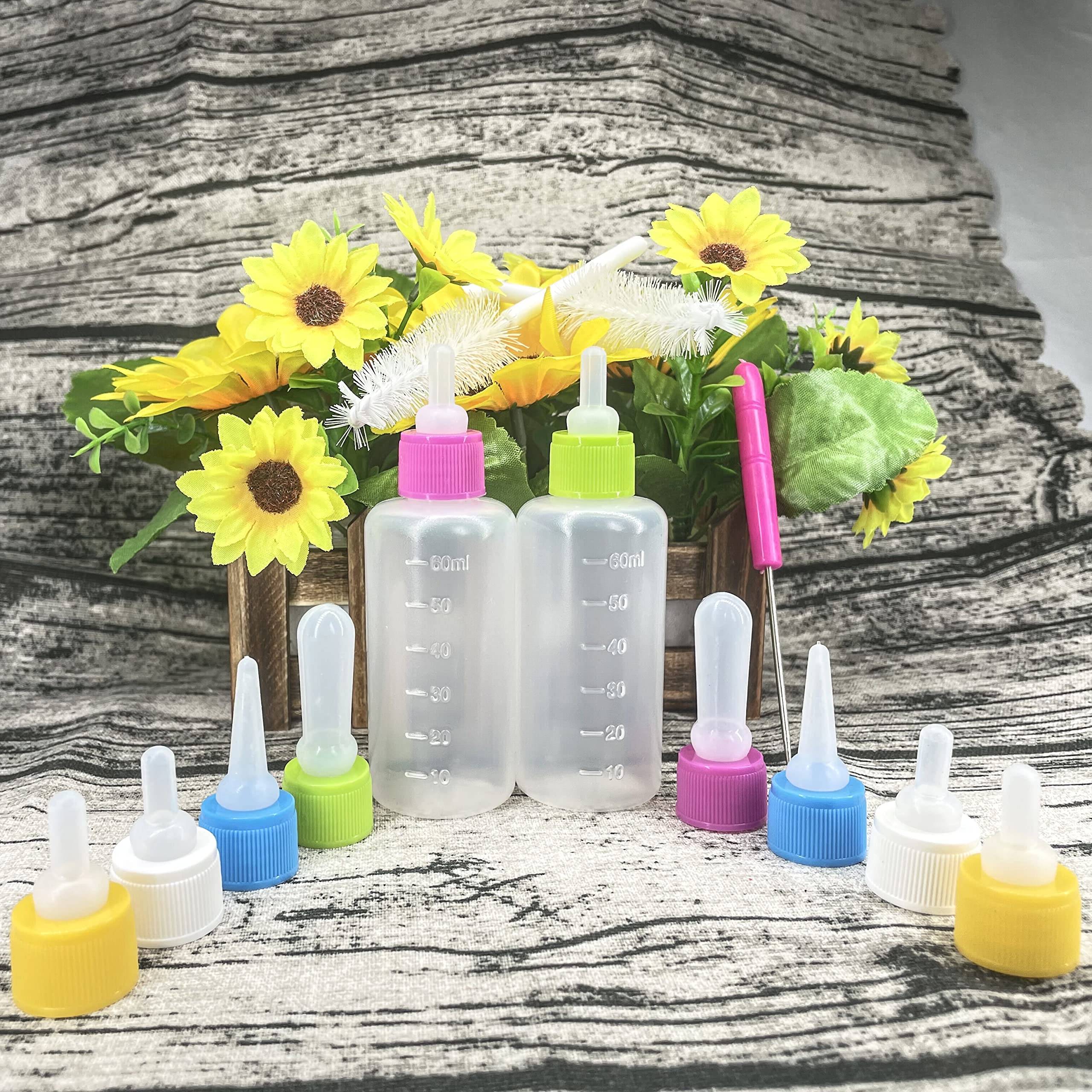 2 Sets of 5-Color Plastic and Silicone Feeding pet Supplies Set, Squeeze Liquid Bottles, Replaceable teats Mini for Newborn Kittens, Puppies, Rabbits, Replacement Small Animals cat Bottle Tools
