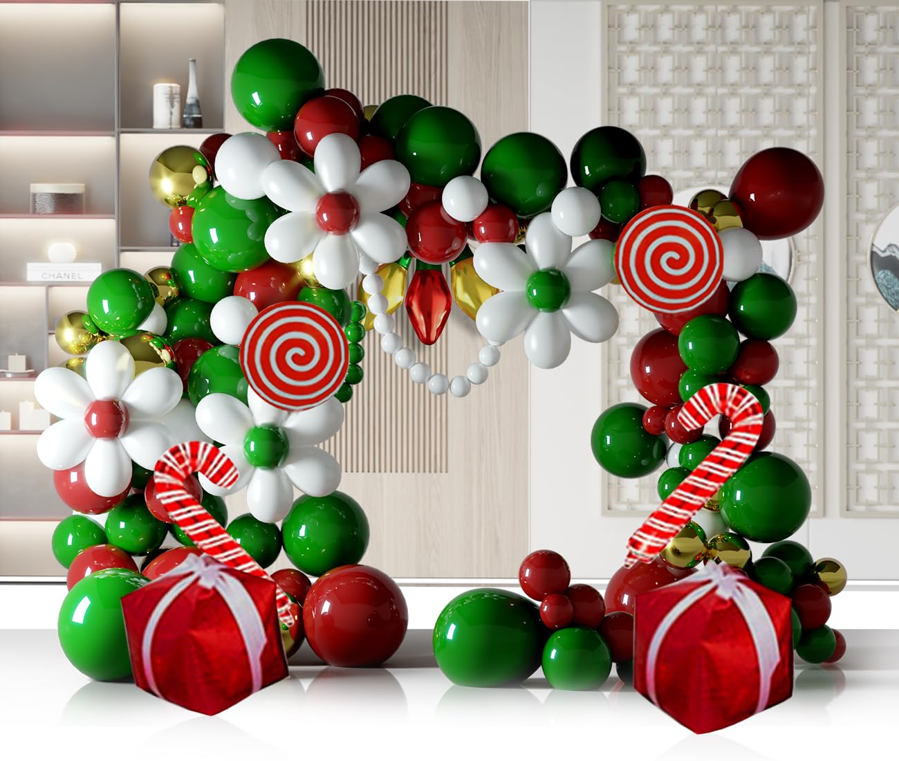 152 Pec Christmas Balloons Christmas Balloon Arch Kit , Christmas Garldand Xmas Green Red Golden White Candy Balloons Gift Box For Christmas Party Decoratives Backdrop