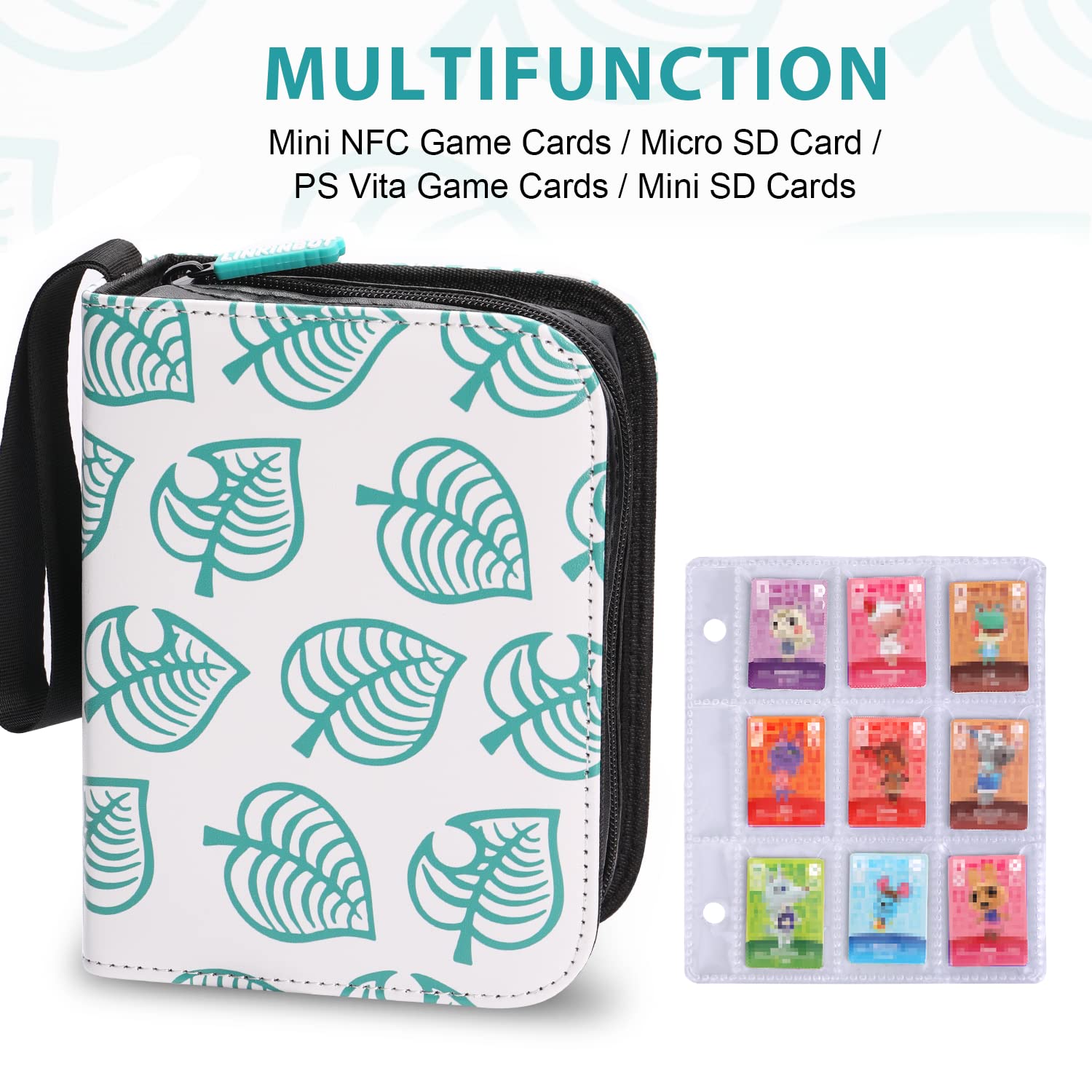 495 Pockets Binder Holder for Animal Crossing Mini Amiibo Cards, 1.3"x1" ACNH NFC Tag Game Cards Carrying Case (Leaf, Plus)