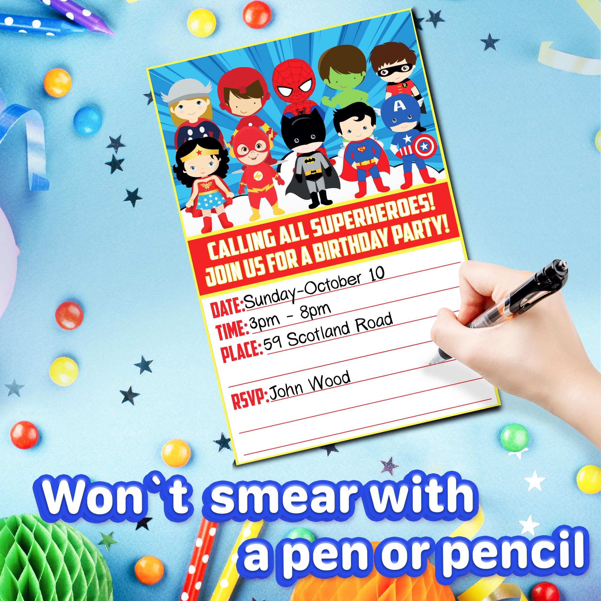 20x Super Hero Kids Birthday Invitations and Envelopes – Fill-in Happy Birthday Party Invitations for Kids, 6X4 Inches, Postcard Style