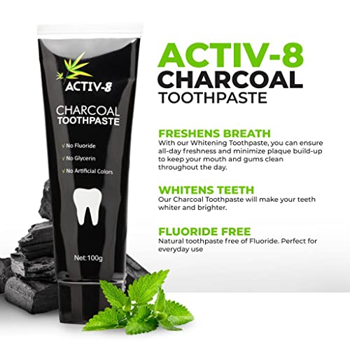 Activ-8 Activated Charcoal Toothpaste (100g) and Bamboo Toothbrush, Removes smoke and coffee stains, Vegan, Fluoride Free, Mint Flavour