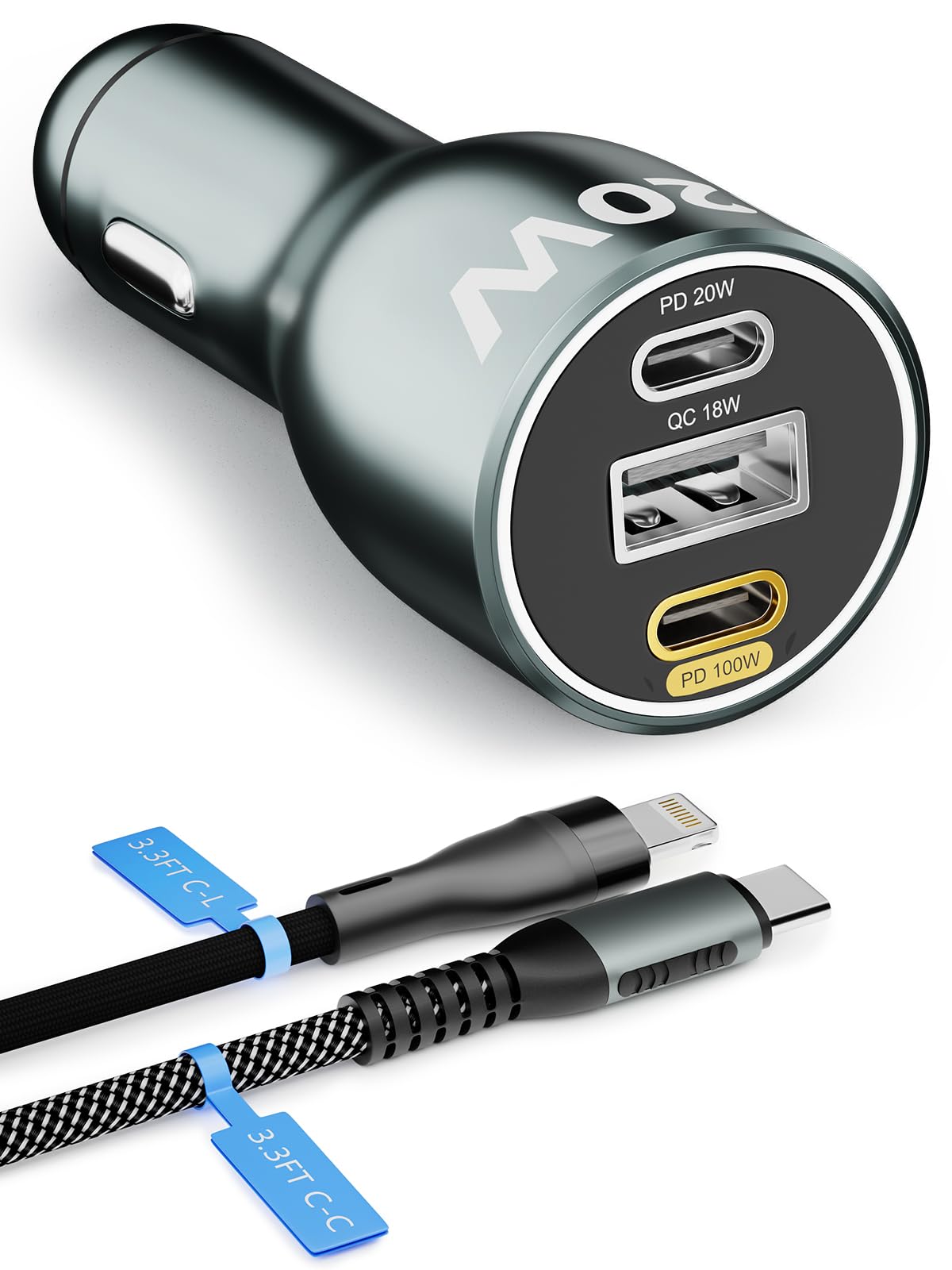 120W USB C Car Charger All-Metal PD3.0 100W/20W+18W 3 Ports Car Laptop Charger Compatible with MacBook,iPhone 15/14/13,Samsung Galaxy S23/22,Google Pixel 7/6(Comes with 100W C-C/20W C-L 3.3FT Cable)