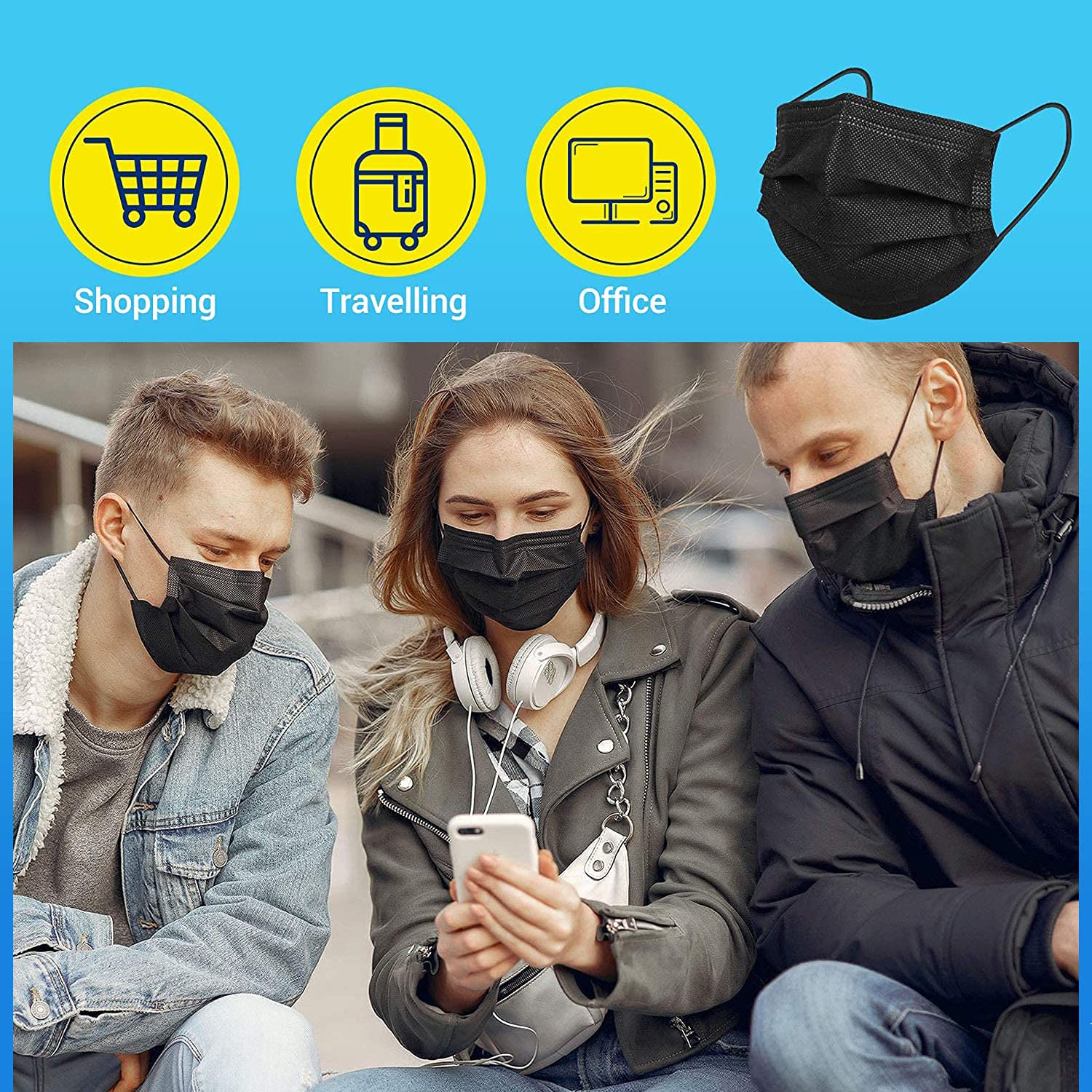 100pcs Black Disposable Face Masks 3Ply Black Face Mask Disposable Masks Breathable