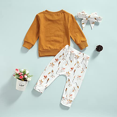 Baby Girl Clothes Set Fall 3 6 9 12 18 24 Months Long Sleeve Sweatshirt & Floral Print Pants & Headband Outfits (Light Brown , 6-12 Months )