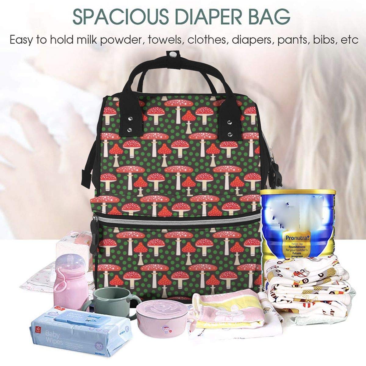 Green Polka Dot Mushrooms Diaper Bag Backpack, Multi Function Nappy Bag Large Capacity Mommy Backpack Organizer for Baby Care Baby Bag for Mom and Dad