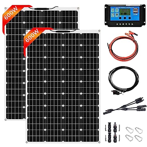 1200 Watt Solar Panel Kit, with 40A Charge Controller 2 × 600W Flexible Monocrystalline Solar Panel for 12-24V Battery Charging Car Battery Camper RV Yacht Battery Boat