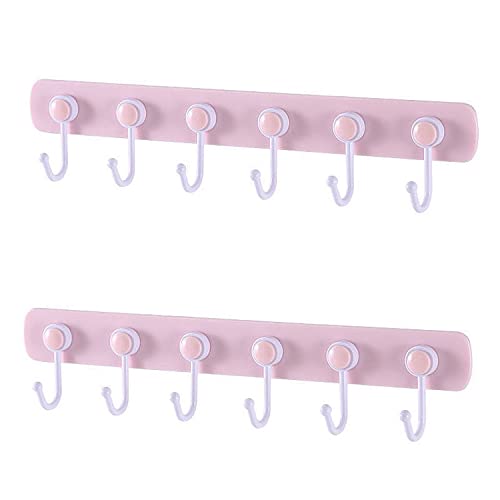 BOSGAS Adhesive Wall Hook with 6 Rotate Hooks,Wall Coat Rack, Perfect for Hanging Clothes Cooking Tool Towel in Kitchen and Bedroom, Easy to Use, Strong Bearing Capacity (Pink 2 Pack)