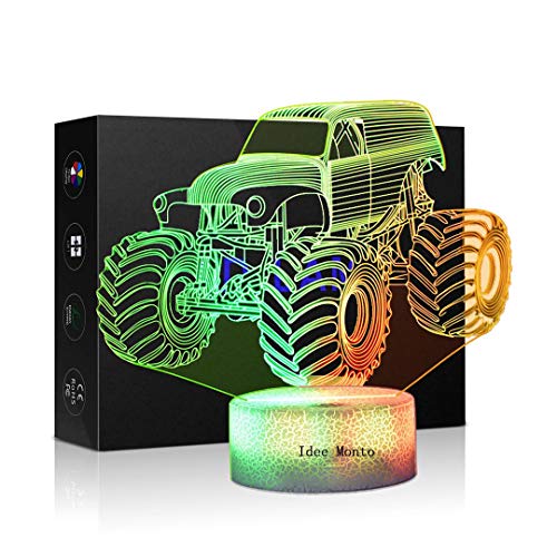 3D Night Lights for Children, Kids Night Lamp, Monster Trucks for Boys, 7 LED Colors Changing Lighting, Car Shape Acrylic Lighting Table Desk Bedroom Decoration, Cool Gifts Ideas Birthday Xmas